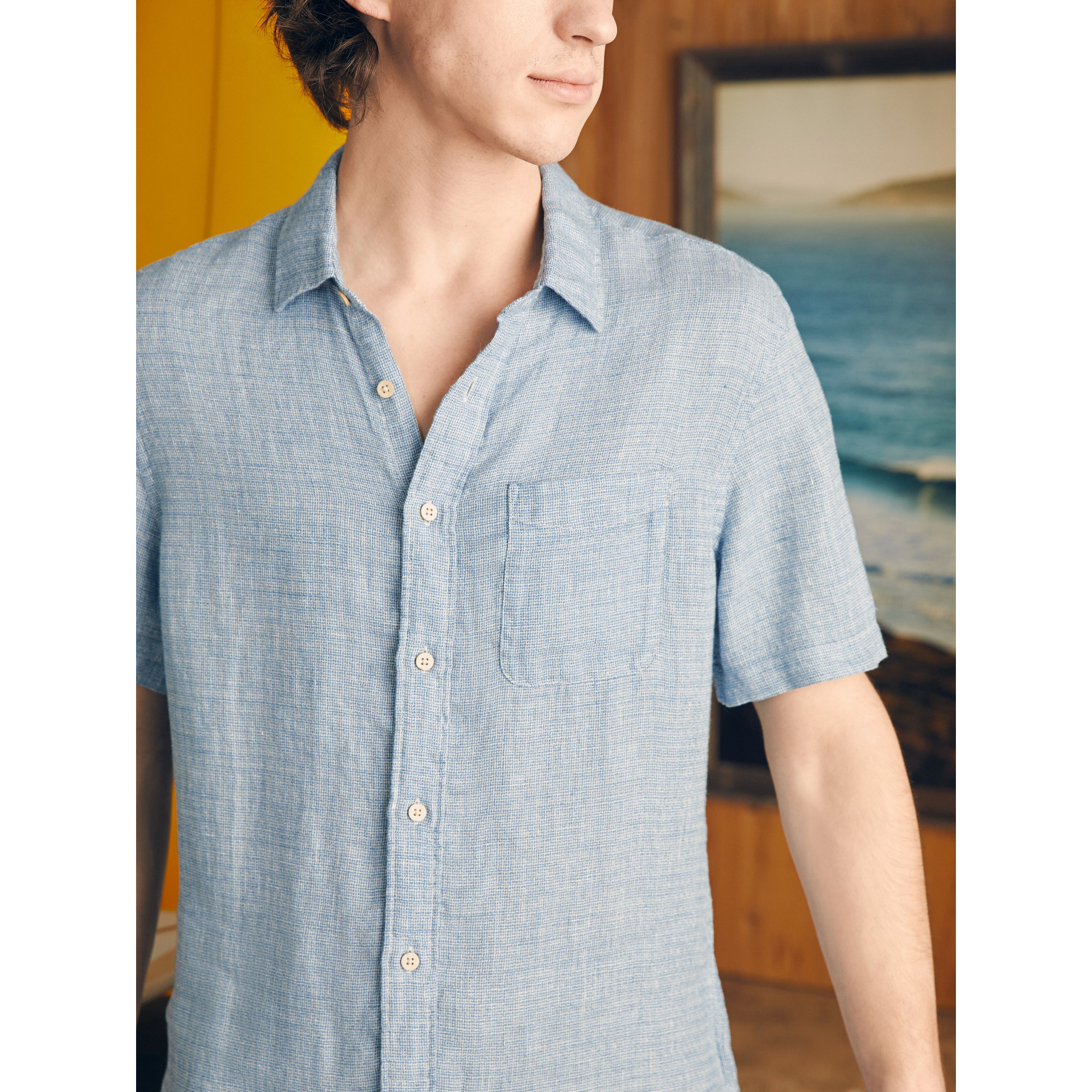 Faherty Brand Palma Linen Short Sleeve Shirt - Blue Basketweave